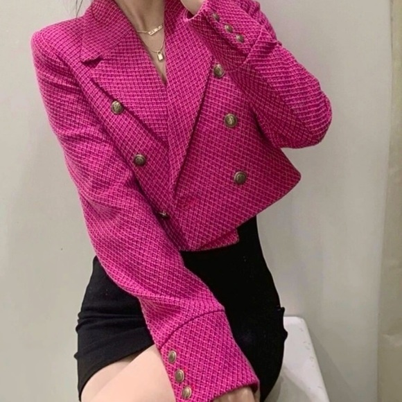 Zara | Jackets & Coats | Zara Pink Textured Tweed Cropped Jacket Blazer ...